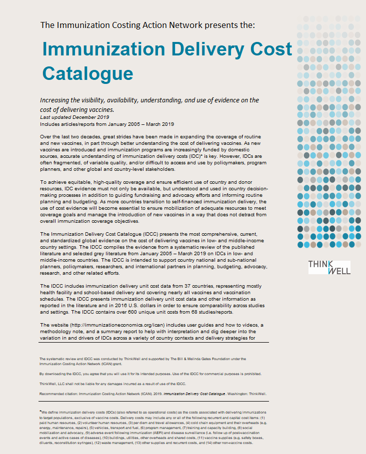 Immunization Delivery Cost Catalogue (2019) - Immunization Economics
