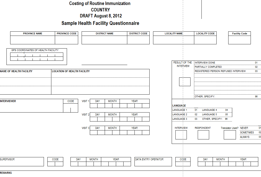 Costing of routine immunization: Sample health facility questionnaire ...