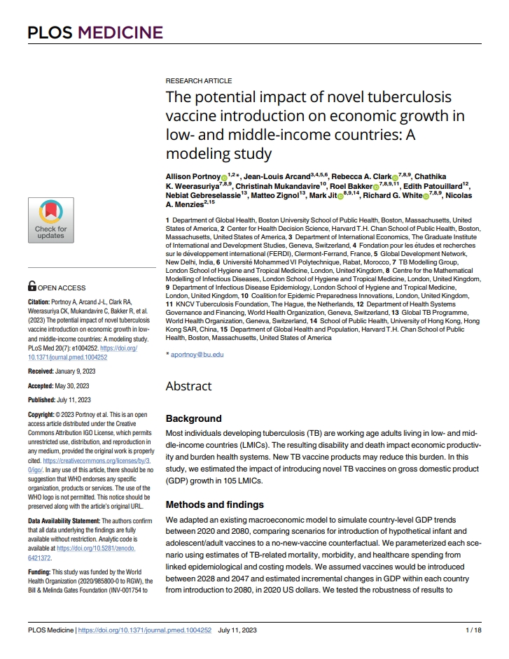 The potential impact of novel tuberculosis vaccine introduction on economic growth in low- and ...