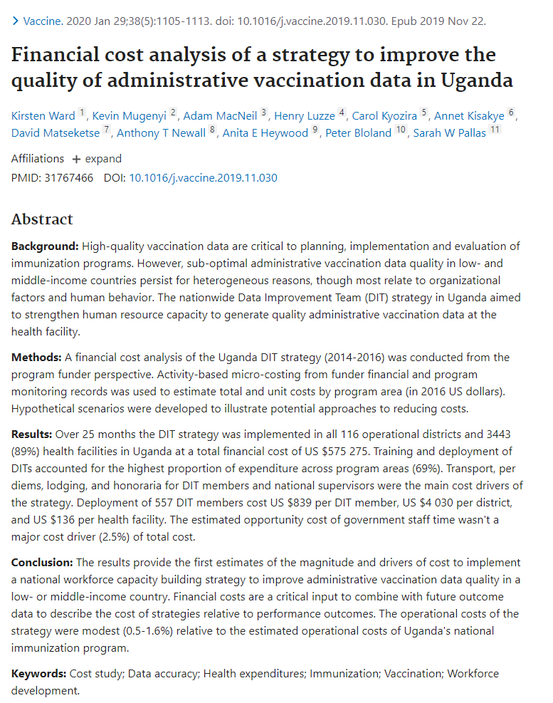 Financial cost analysis of a strategy to improve the quality of administrative vaccination data ...
