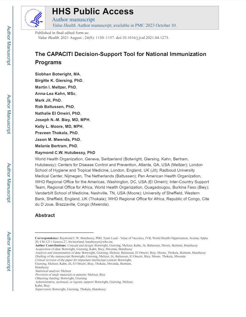 The CAPACITI Decision-Support Tool for National Immunization Programs ...