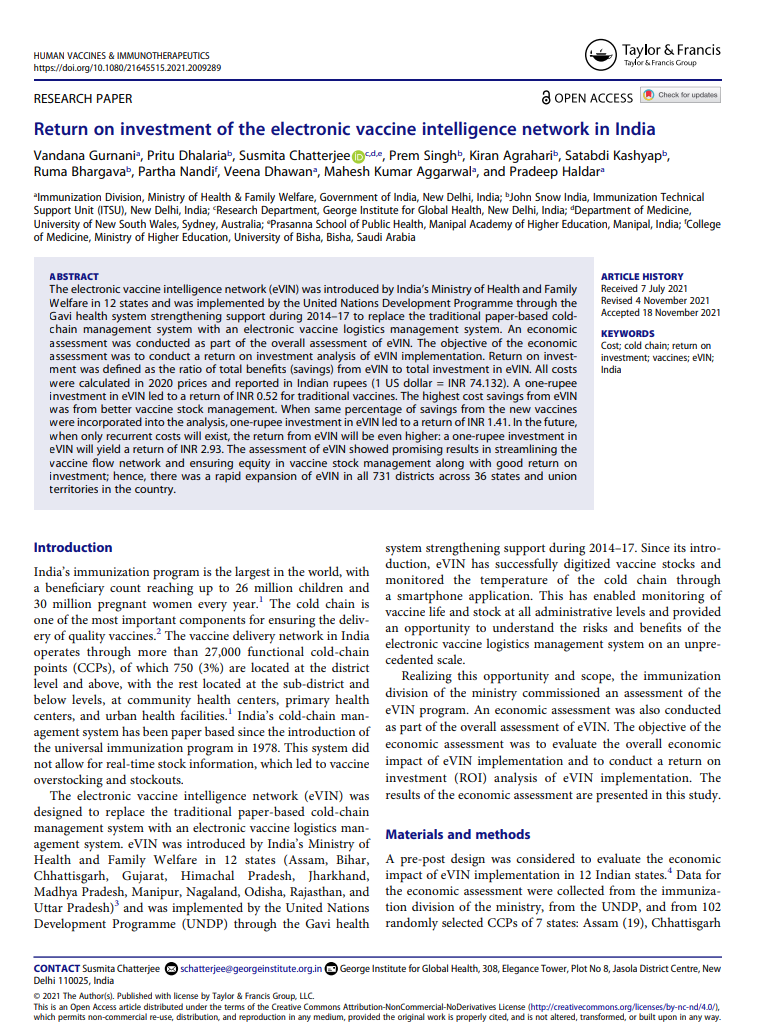 Return On Investment Of The Electronic Vaccine Intelligence Network In