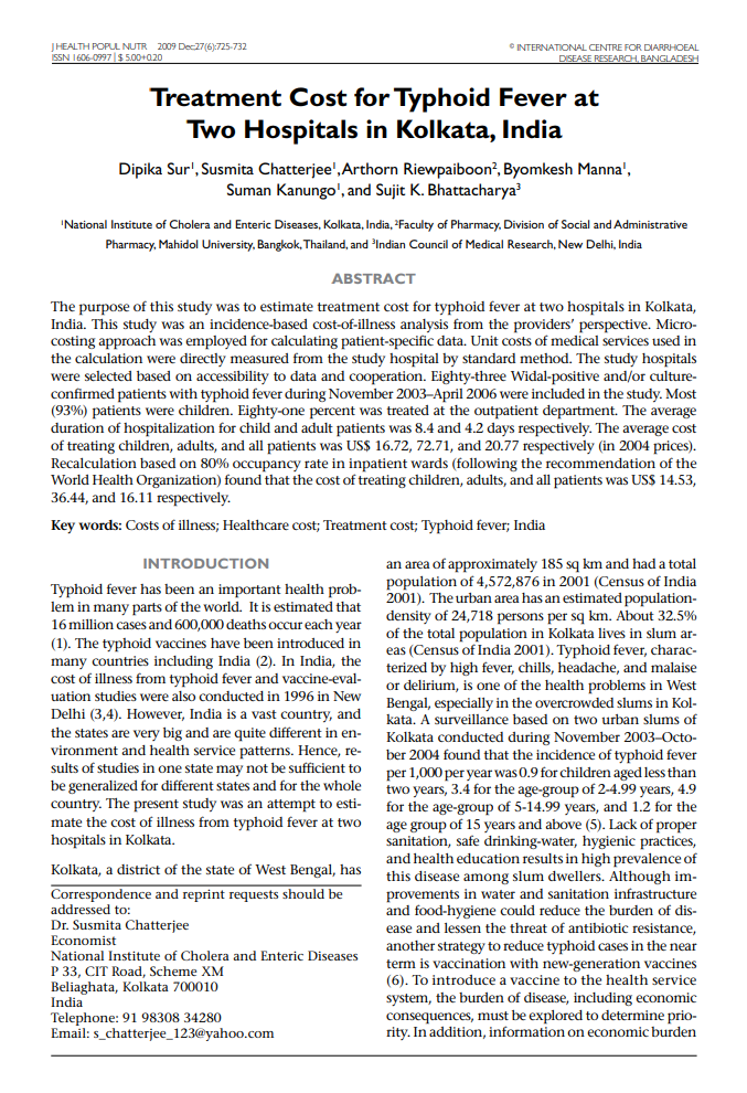 Treatment Cost for Typhoid Fever at Two Hospitals in Kolkata, India - Immunization Economics