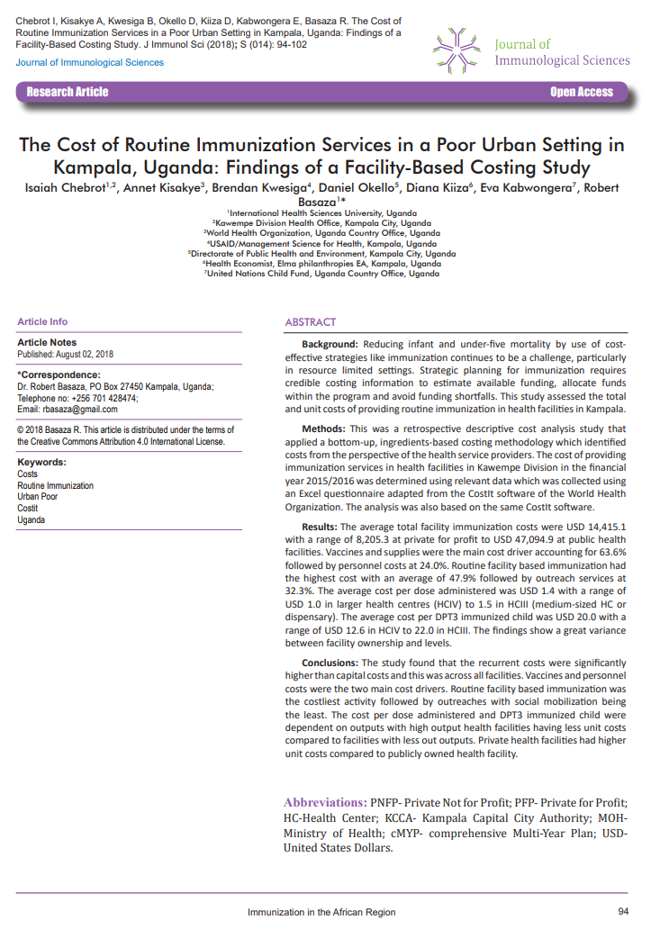 The Cost of Routine Immunization Services in a Poor Urban Setting in Kampala, Uganda: Findings ...