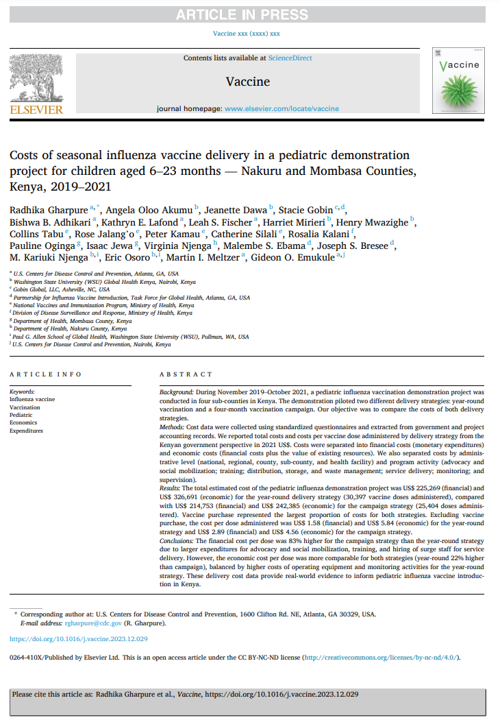 Costs of seasonal influenza vaccine delivery in a pediatric demonstration project for children ...