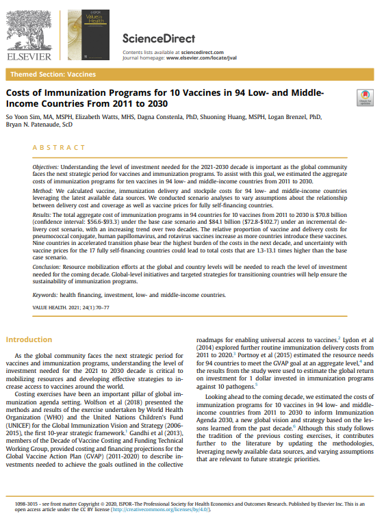 Costs of Immunization Programs for 10 Vaccines in 94 Low- and Middle-Income Countries From 2011 ...