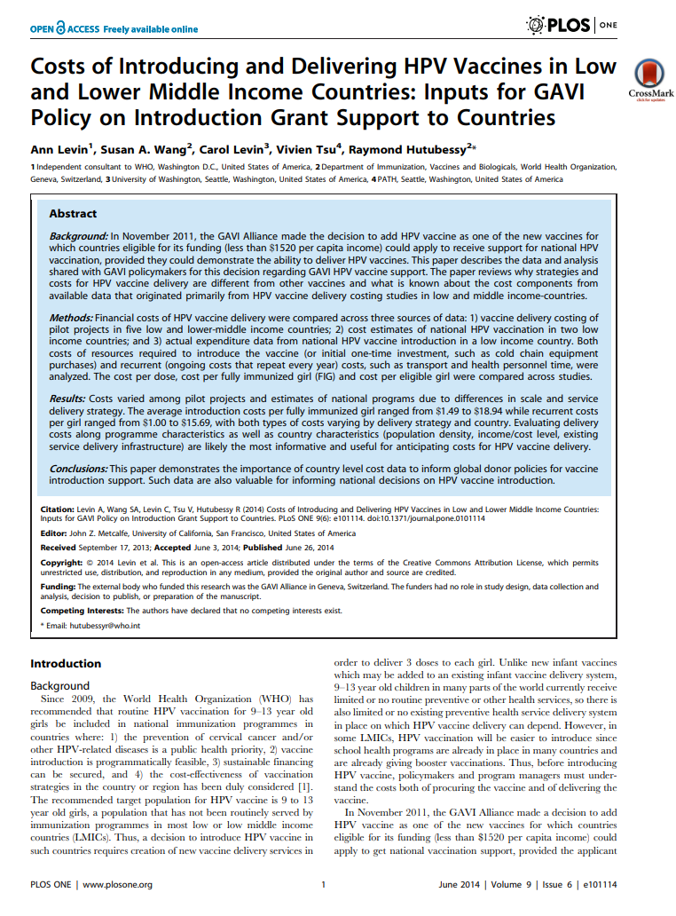 Costs of Introducing and Delivering HPV Vaccines in Low and Lower Middle Income Countries ...