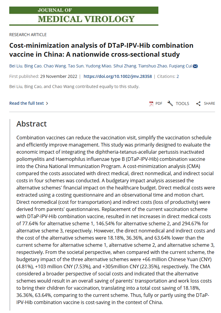 Cost-minimization analysis of DTaP-IPV-Hib combination vaccine in China ...