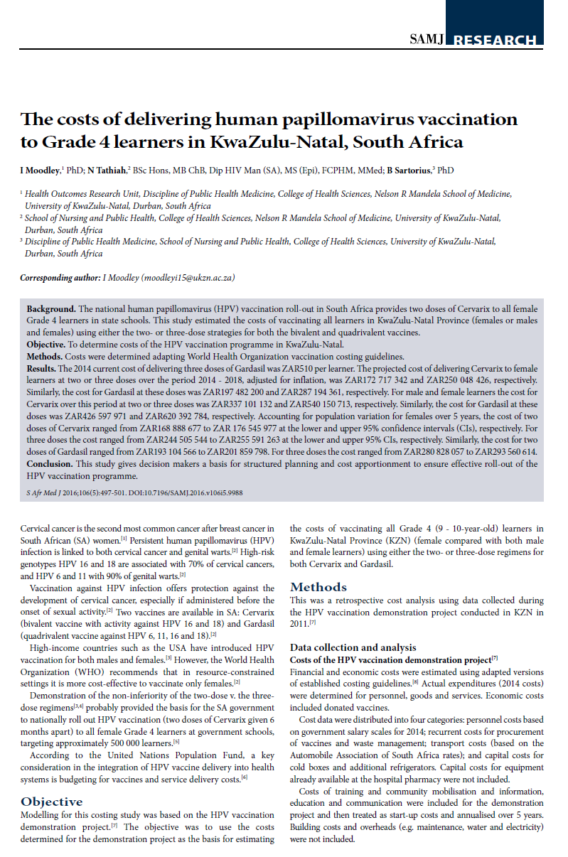 The costs of delivering human papillomavirus vaccination to Grade 4 learners in KwaZulu-Natal ...